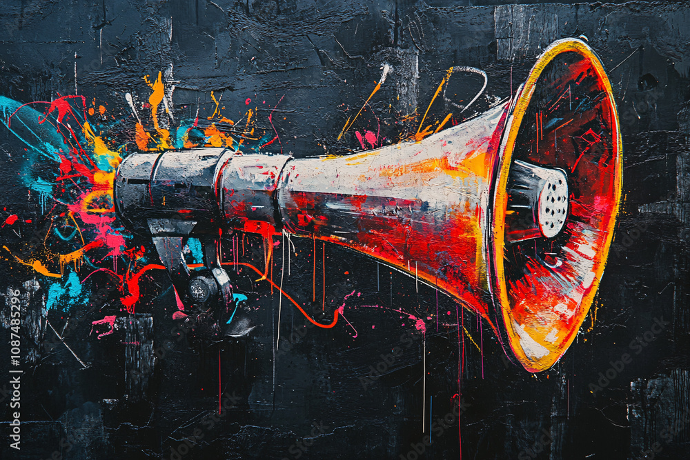 Hyperrealistic Artwork of a Large Megaphone Exploding with Vibrant ...