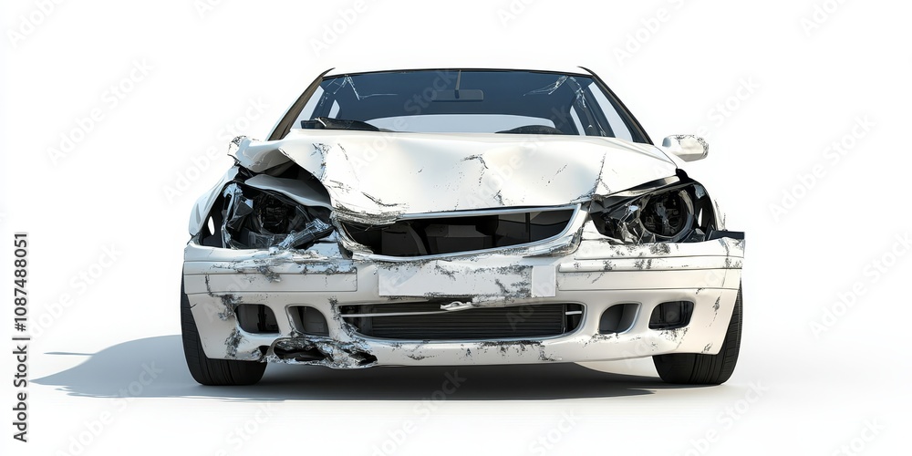 Damaged white car in front view, broken from an accident and unable to ...