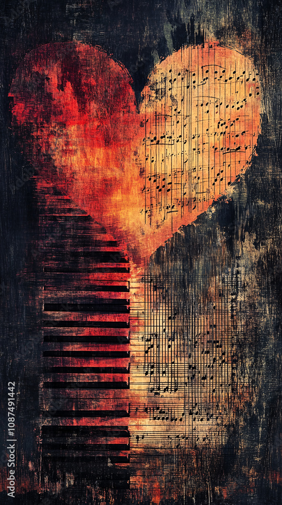Abstract Art with Vibrant Hearts, Sound Waves, Piano Keys, and Musical ...