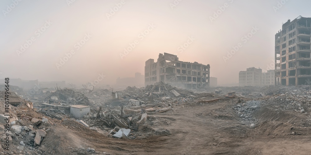 Panorama of a large destroyed building shows piles of construction ...