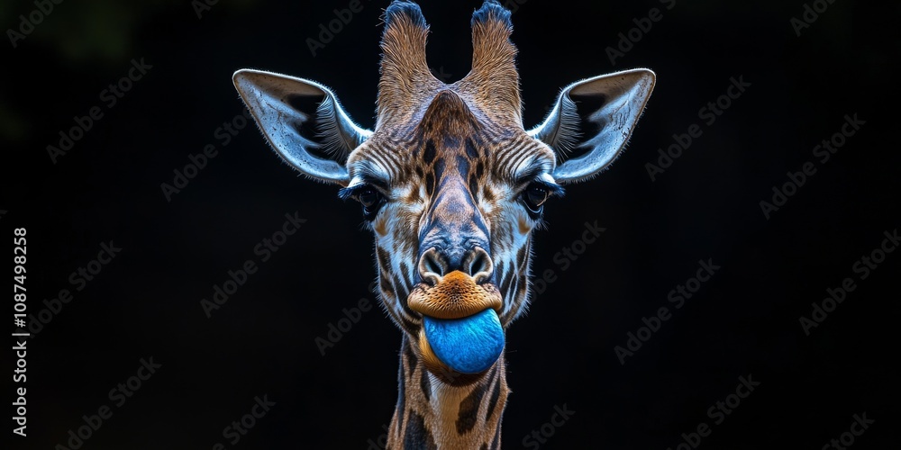 Giraffe with a vibrant blue tongue displayed prominently. This giraffe ...