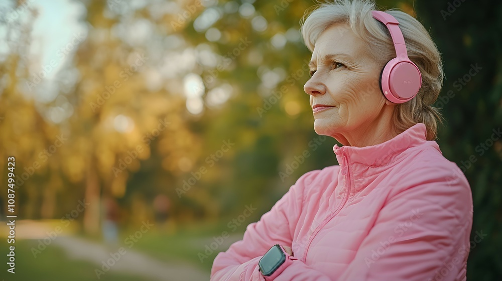 Tech-Savvy Grandmother in Pink: Wireless Headphones and Smartwatch ...