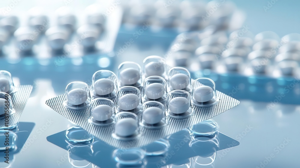 Medications concept. Close-up of white pharmaceutical pills arranged in ...