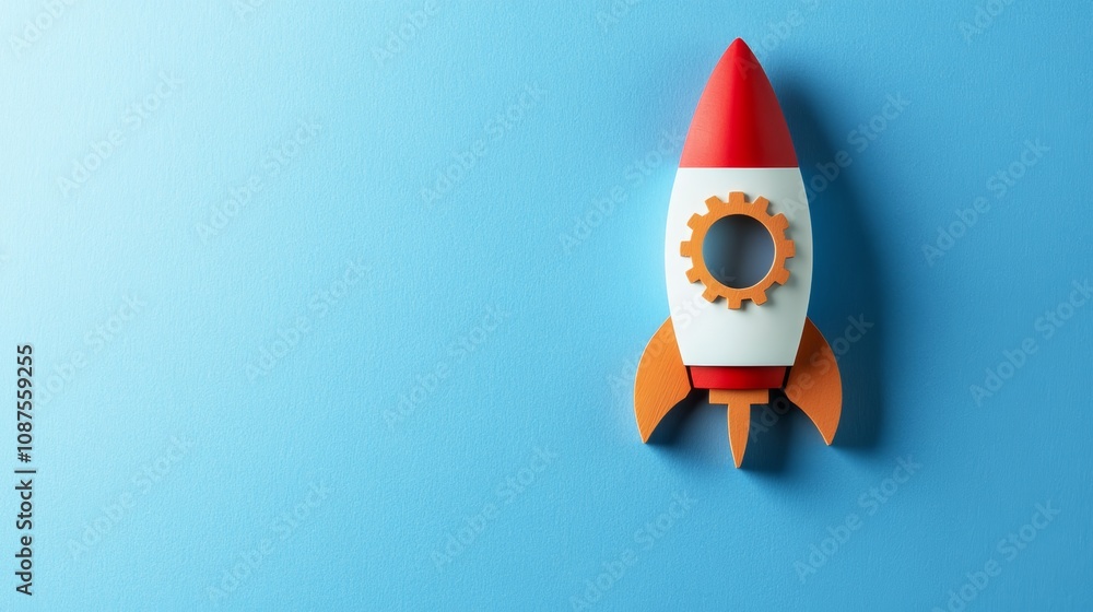 A red and white rocket ship with orange fins sits on a blue background ...