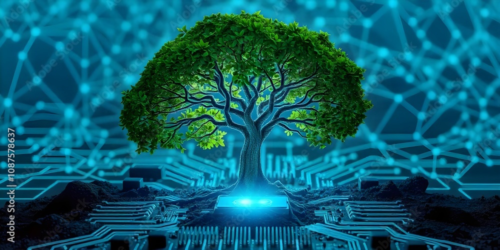 Tree with soil growing on the converging point of computer circuit ...