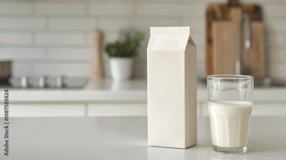 Minimalistic scene of blank milk carton and filled glass on sleek ...