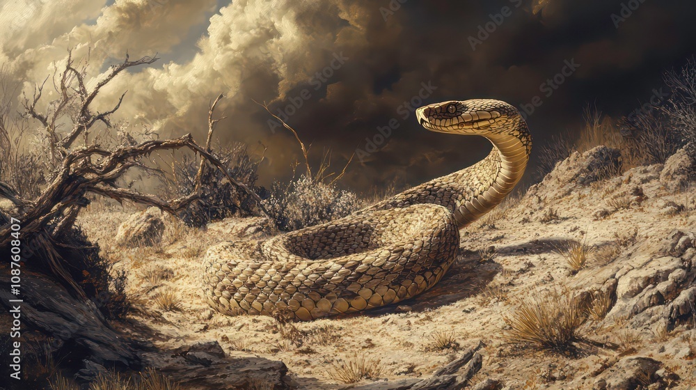 Snake Rattlesnake, Desert, and Striking shown in a barren desert ...