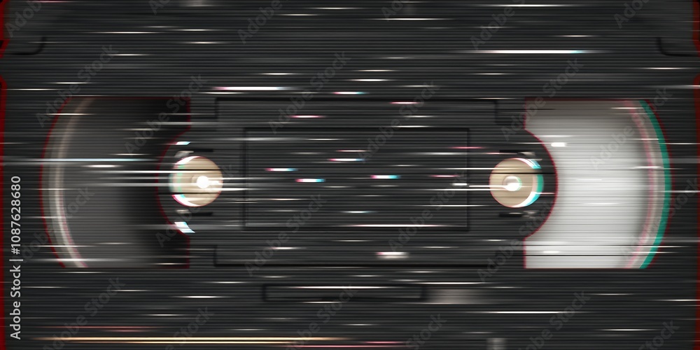 Vintage VHS tape with glitch effects in dark background during retro ...