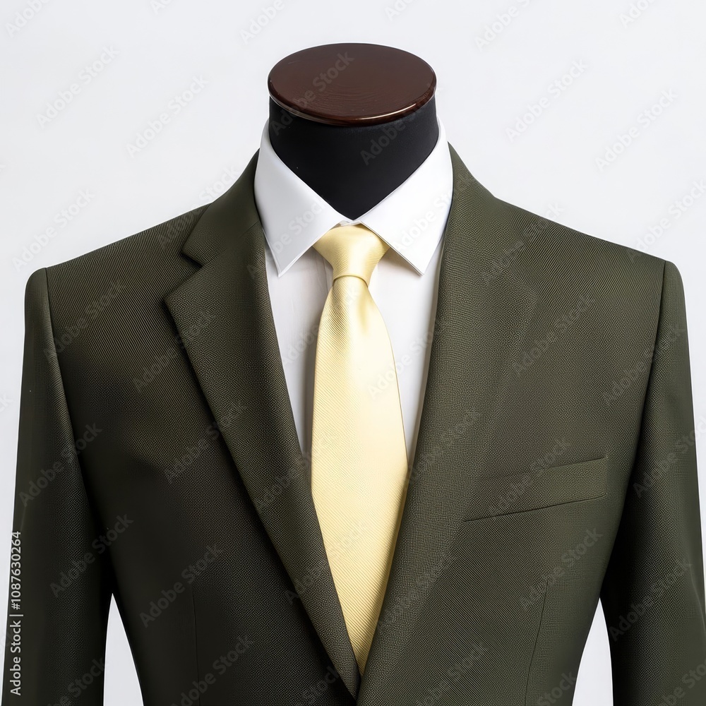 Suit tie boardroom display on mannequin style. Olive green suit with a ...