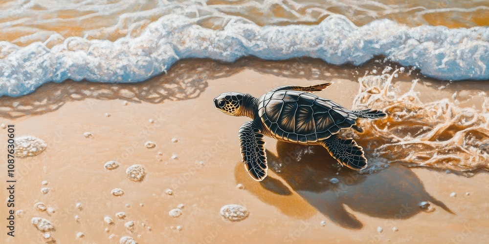 Baby green turtle heading toward the sea, showcasing the determination ...
