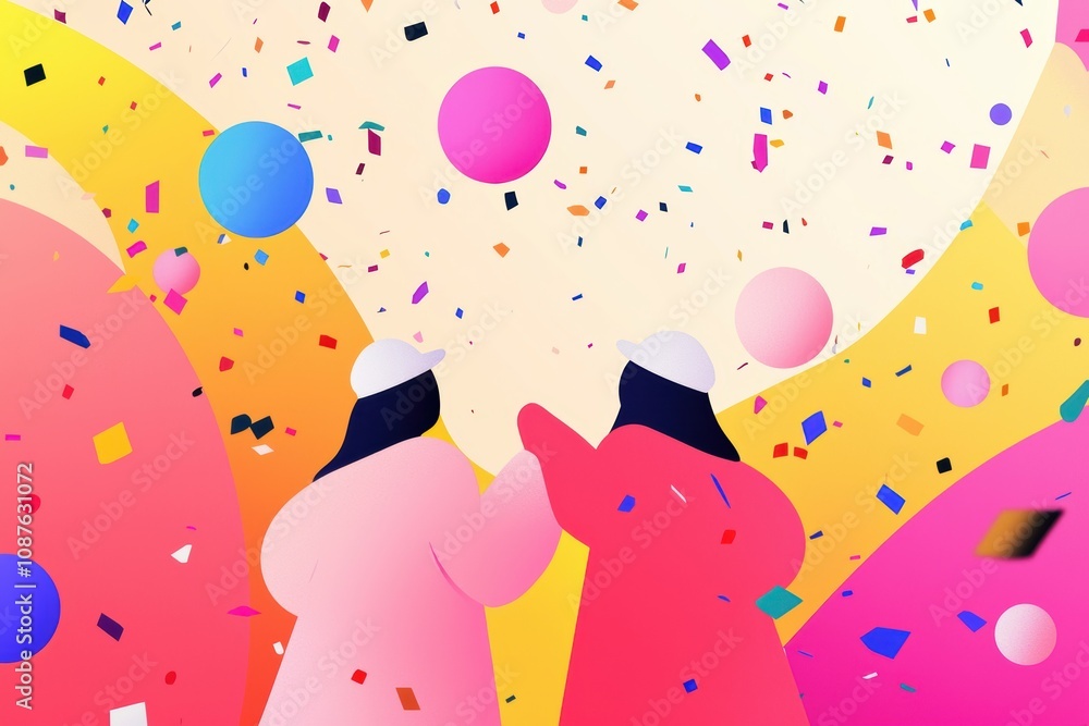 Joyful friends in animated style with confetti around celebrating unity ...