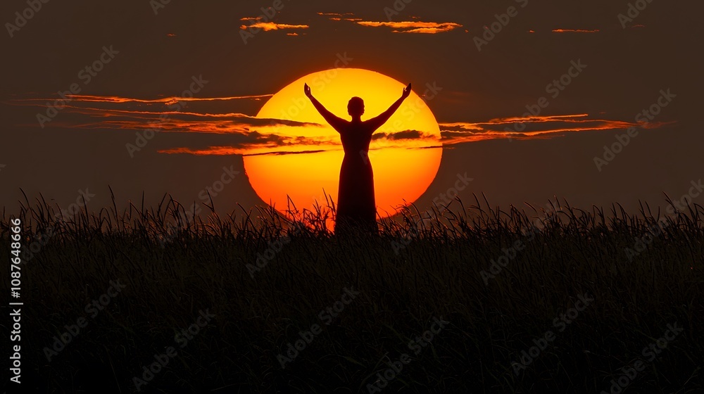 Silhouette of a person standing tall with the sunrise behind, symbolizing new beginnings. Stock ...