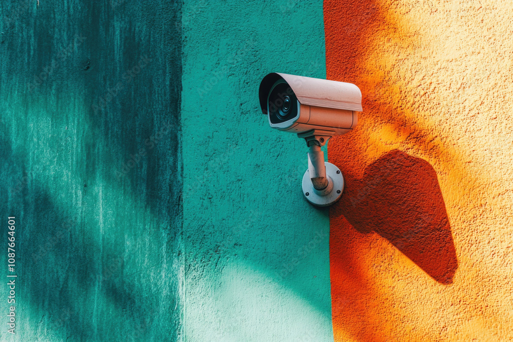 A sleek, modern CCTV camera is mounted on a vibrant teal and orange ...