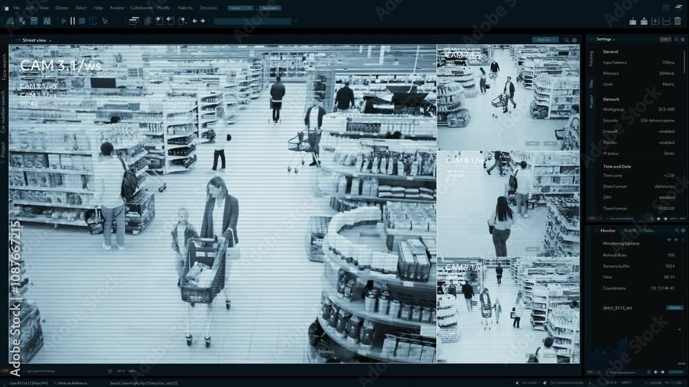 Advanced CCTV System Monitors Grocery Store Activity. Multiple Camera Angles Track Shoppers ...