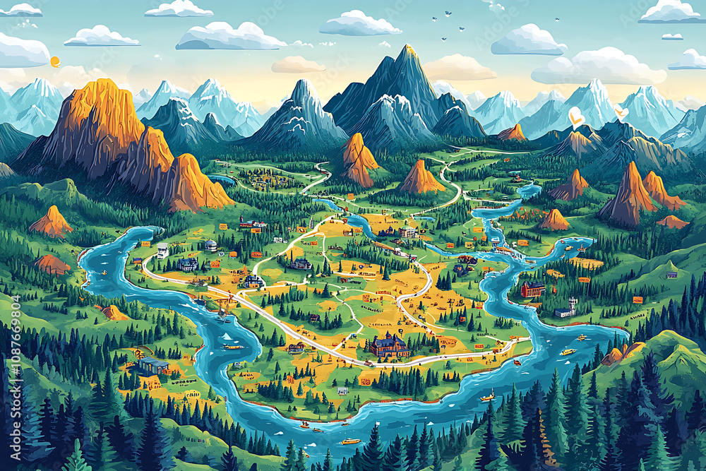 A highly detailed state map with labeled cities, highways, rivers, and ...