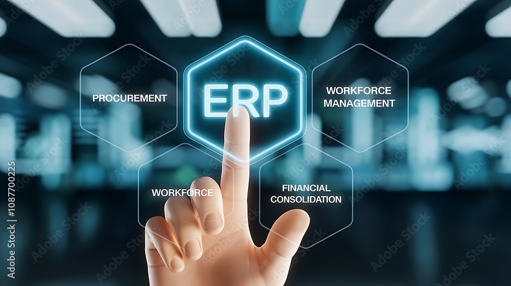 businessman pressing virtual button ERP, enterprise resource planning ...