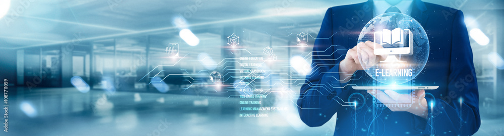 Man using tablet with E-learning, digital education solution ...