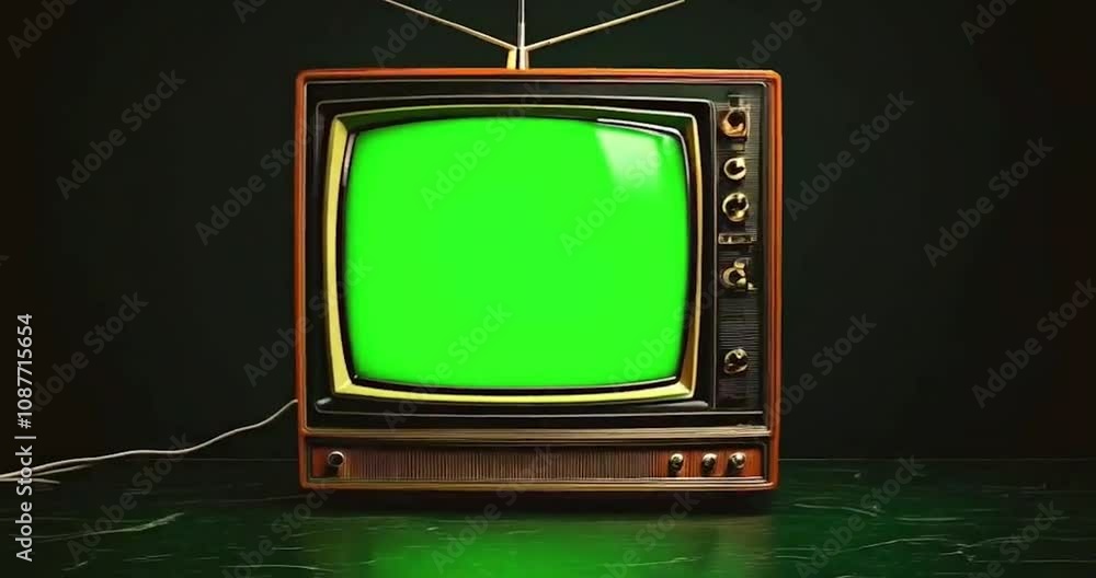 A vintage retro box green screen TV showcases a mock-up, featuring a ...