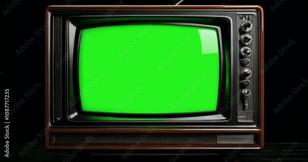 A vintage retro box TV showcases a green screen mock-up, featuring a ...