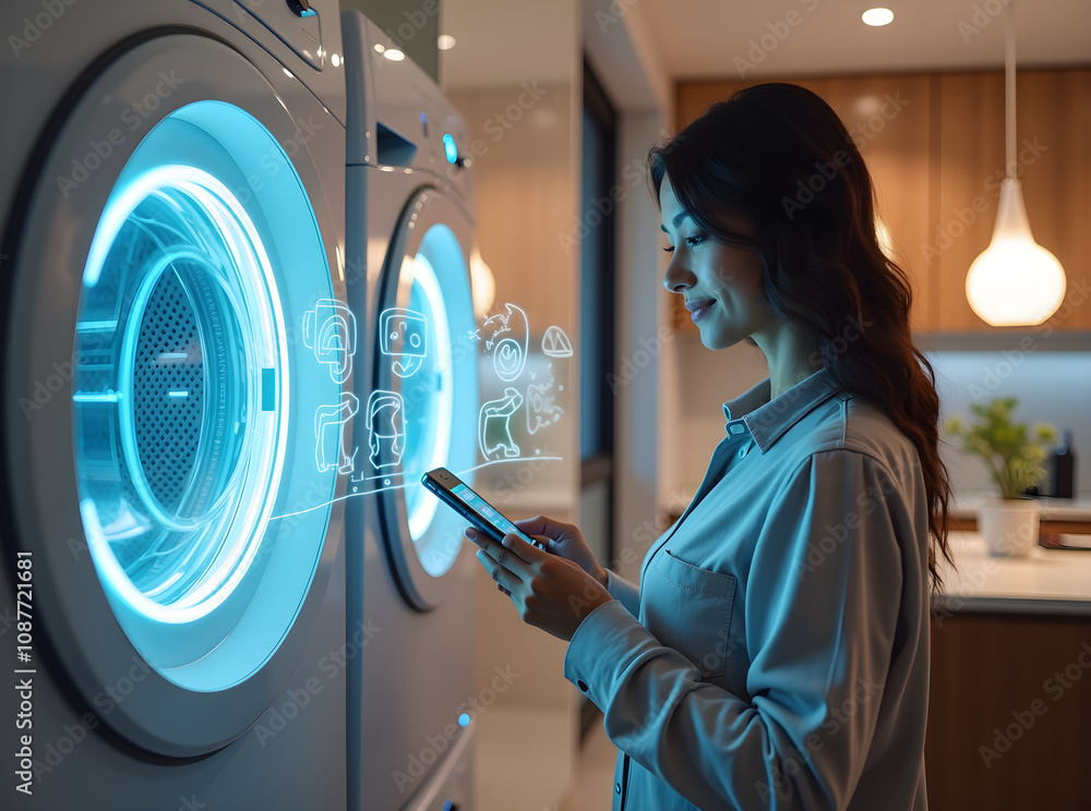 A young woman uses a smartphone app to control a holographic smart ...