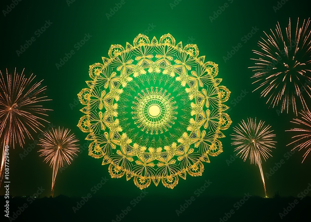 ald green background glows with intricate gold mandalas and fireworks ...