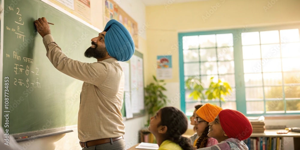 Indian sikh teacher with turban writing math exercises on the ...