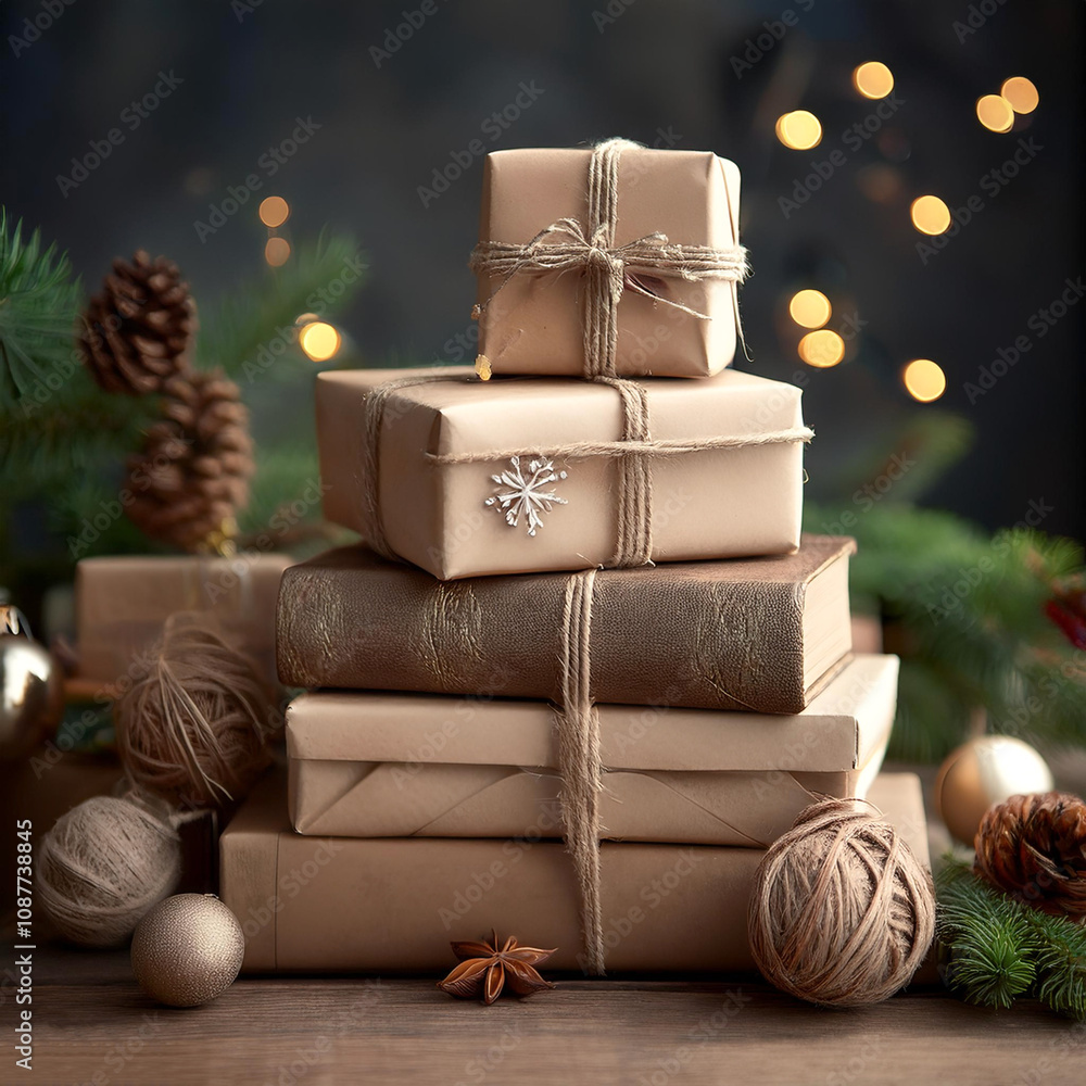 Small gift packages wrapped in brown paper with jute rope ribbons ...