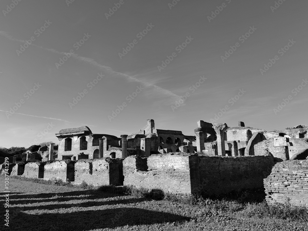 Ostia Antica, Rome, Italy - November 3, 2024. Remains of buildings ...