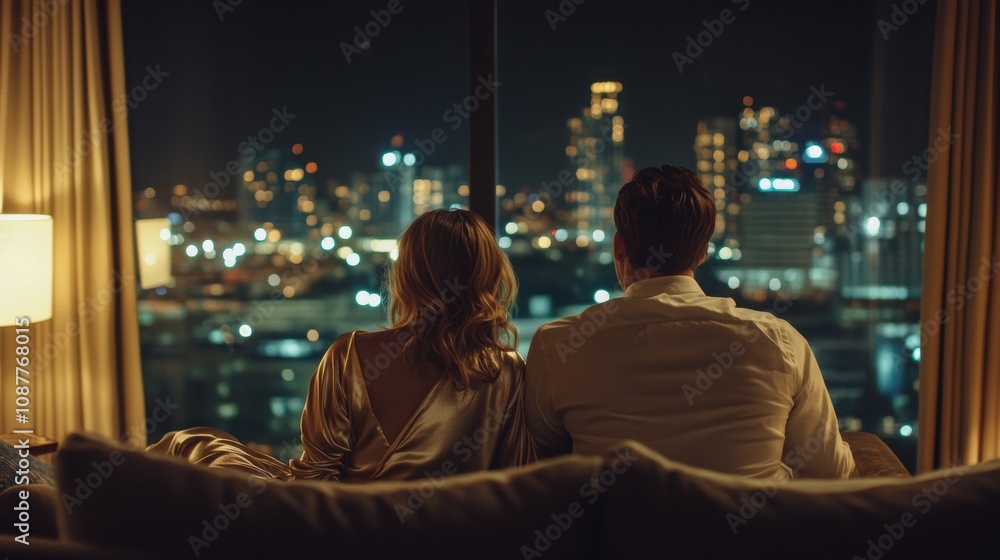 A couple sharing an intimate moment in a luxurious hotel suite at night ...