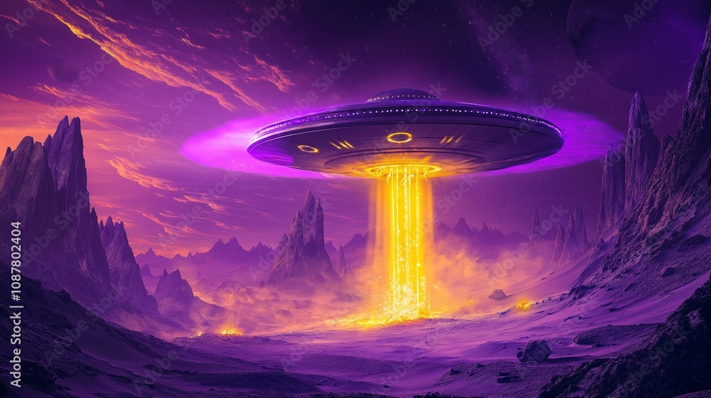 UFO beaming something up to the ship in the alien invasion movie poster with an 80s theme, lots ...