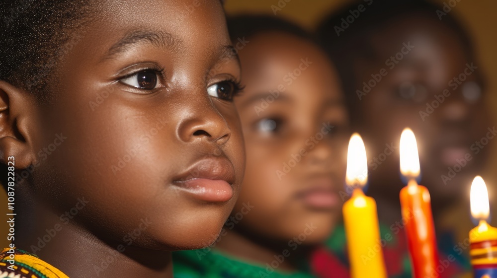 A family celebrating Kwanzaa together, gathering around a table with a ...