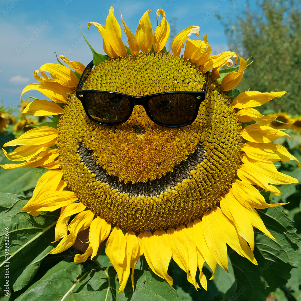 Sunflower in black sunglasses smiles and sways. Yellow sunflower looks ...