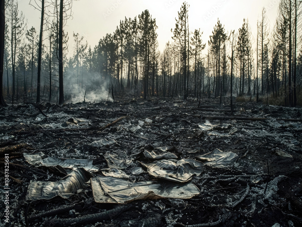 Wide view of a burnt forest landscape shrouded in grey smoke, depicting ...