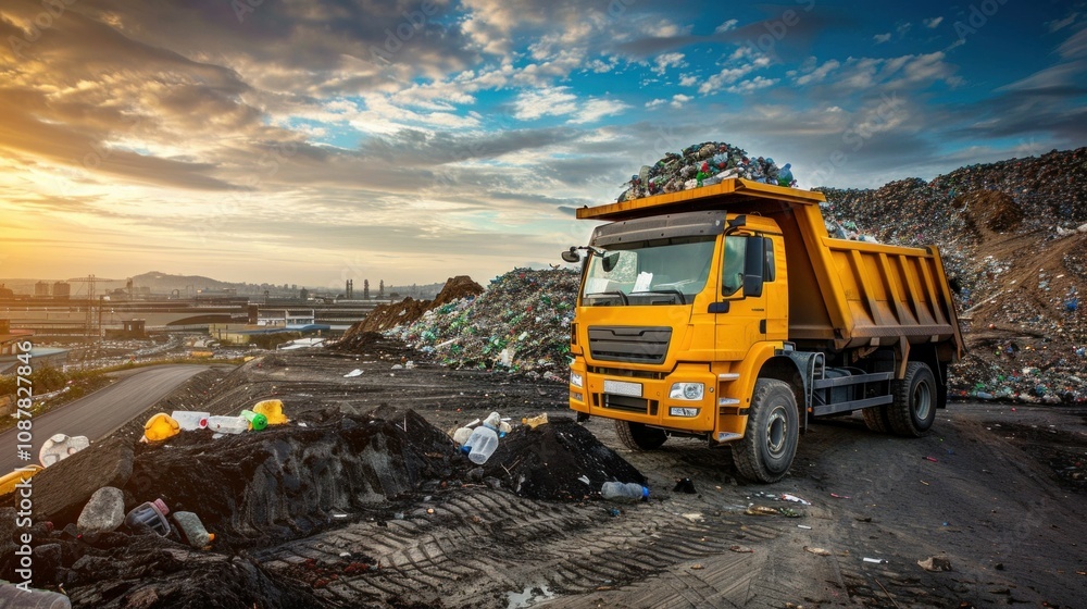 Dump truck on a landfill with a sunset background, showcasing waste ...