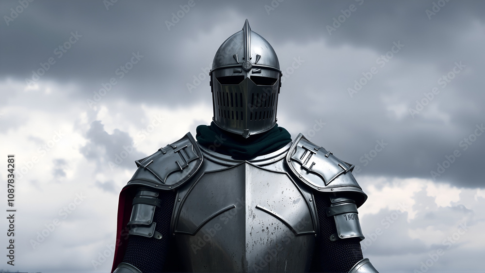 Medieval knight in armor stands against dramatic cloudy sky, exuding ...