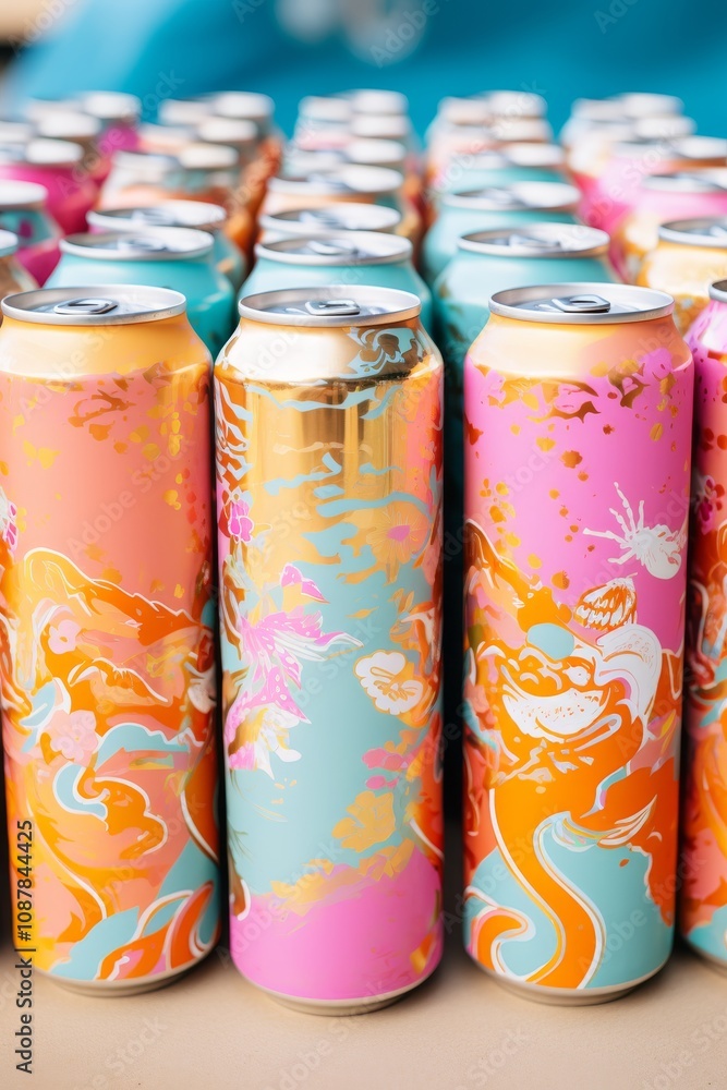 Colorful aluminum beverage cans displaying assorted designs, top view ...