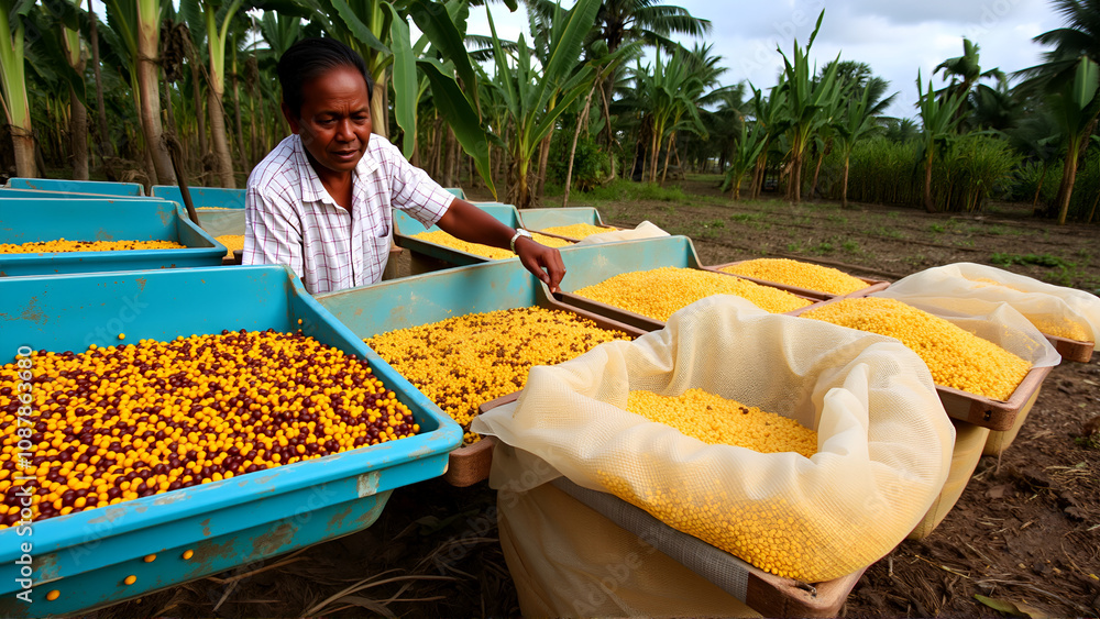 At an organic farm, annatto seeds are harvested to use to color rice to ...