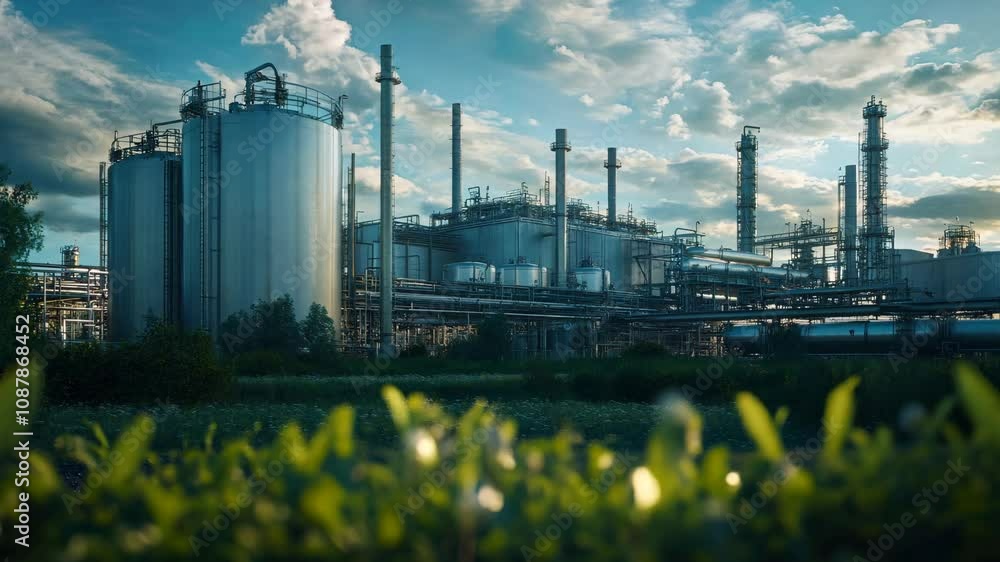 A modern hydrogen production facility showcases gleaming H2 tanks ...
