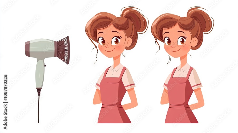 Cheerful cartoon girl with brown hair and a hairdryer, showcasing a ...