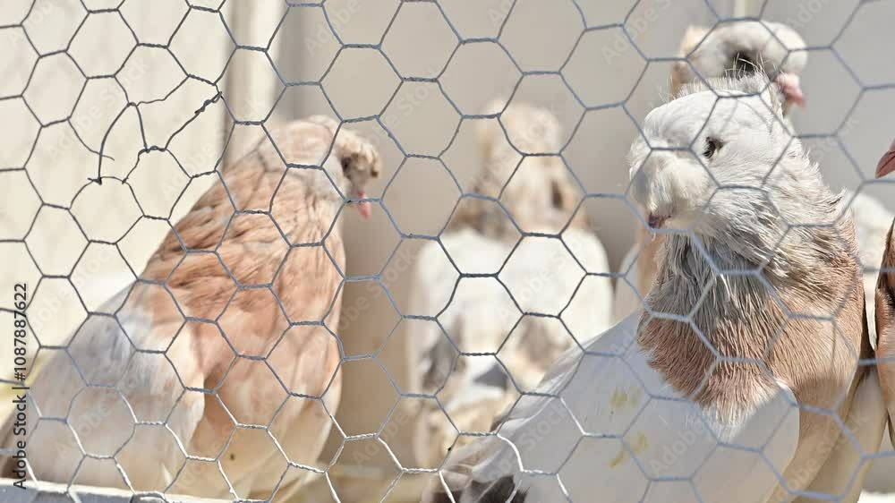 Brown Pigeons in a Wire-Enclosed Coop. A flock of brown and white ...
