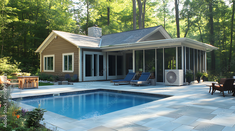Placement of an air heat pump near a pool house in an outdoor setting ...