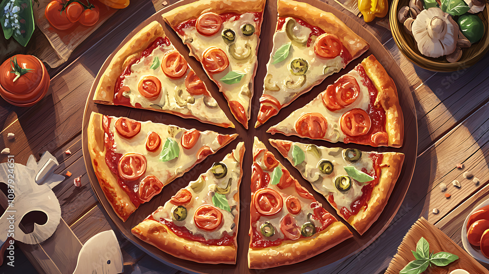 An illustration showing pizza divided into eight slices, serving as an ...