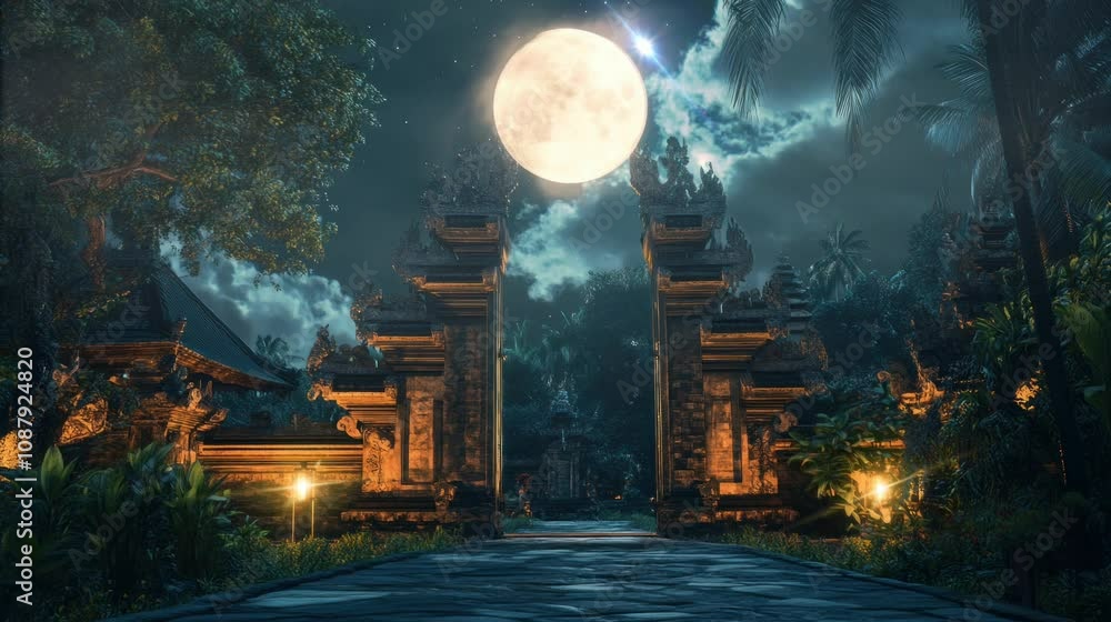 The beautiful view on a full moon night in the temple area is very ...