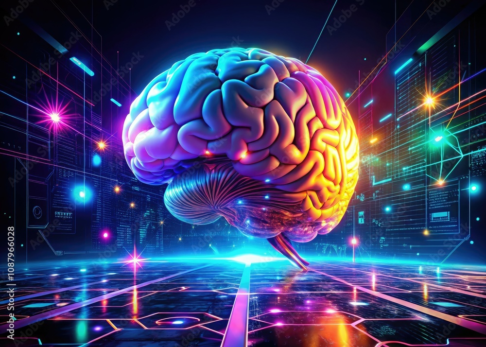Futuristic 3D Brain with Neon Technology Effects, Digital Mind ...