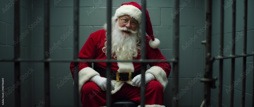 Santa Claus sits behind bars in a jail cell, wearing his traditional ...