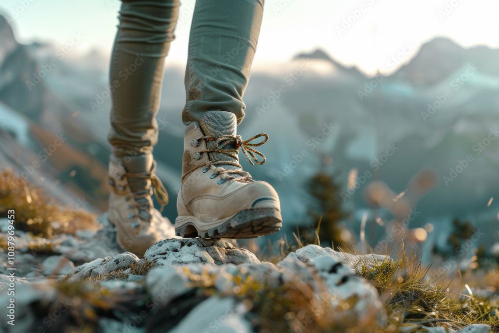 Close-up of feet in hiking boots. A person climbs a mountain path on a ...