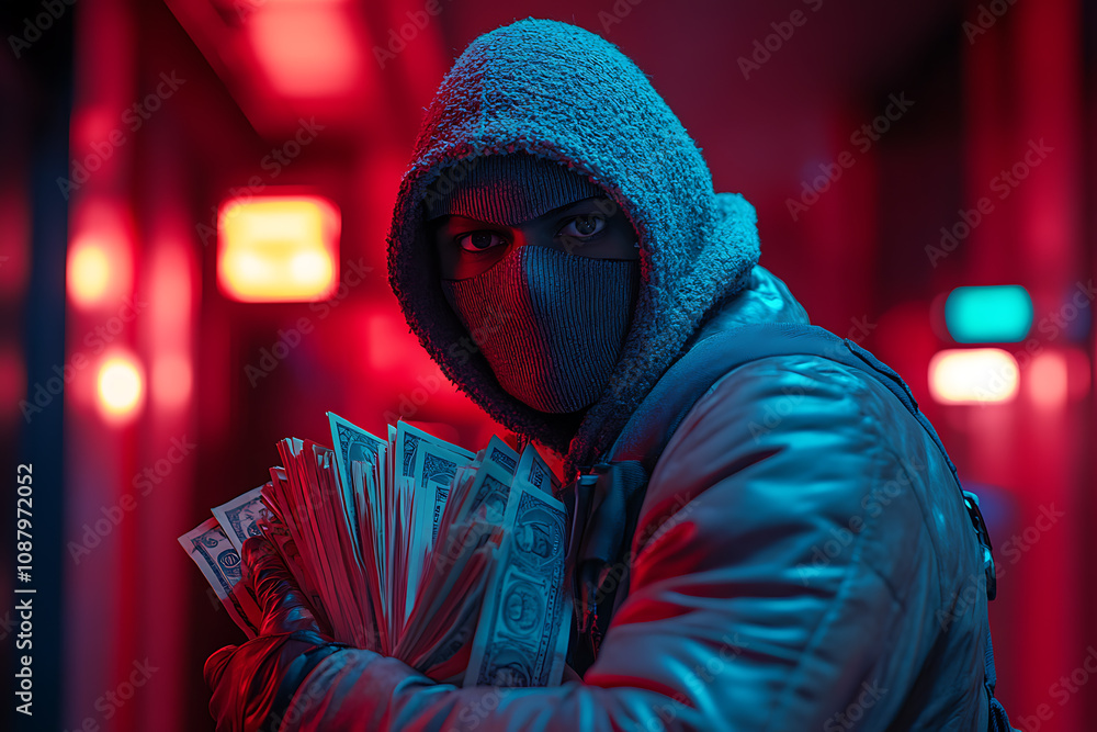 A dramatic bank robbery scene with a masked criminal holding a bag of ...