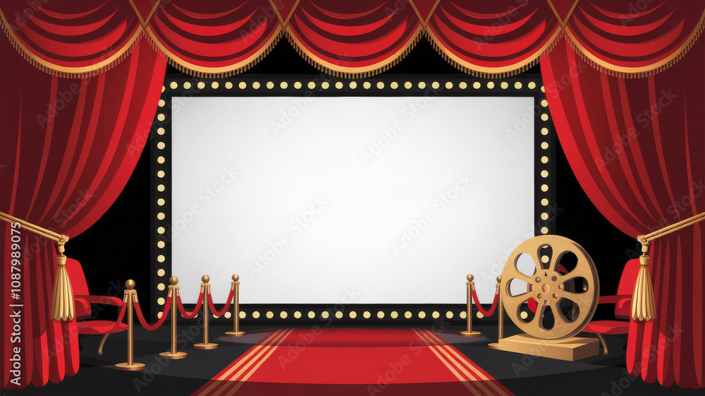 Theater stage with projector and red carpet. Grand cinema movie theater ...