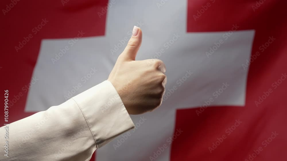 Woman Makes Hand Sign Like, Thumb Up Gesture on swiss flag background ...