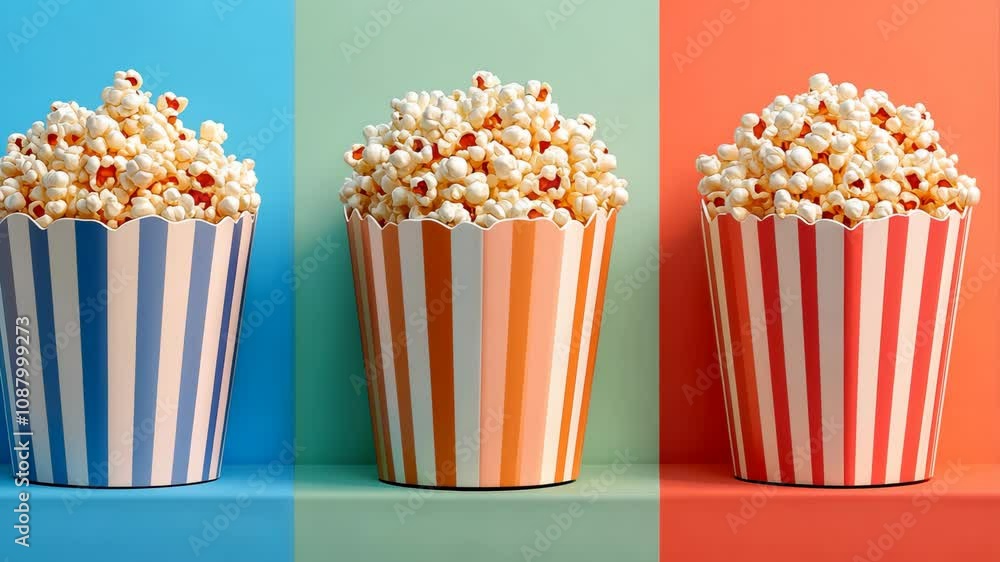 Three popcorn boxes with different colors and stripes. The boxes are ...